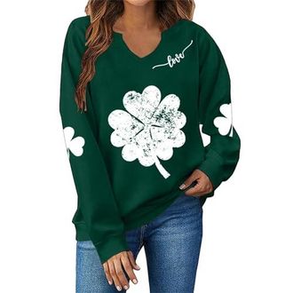 Generic Sweat-shirt tr&egrave;fle porte-bonheur pour femme - Chemise fantaisie - Grande taille - Col en V - Imprim&eacute; tr&egrave;fle irlandais - Tunique ample, Vert noir, XXL
