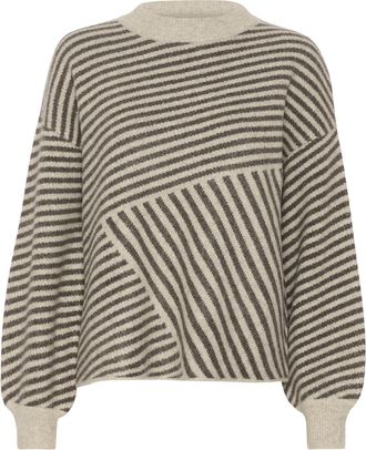 Kaffe KAverana Knit Pullover Damen Strickpullover Rundhals Pullover Winter Sweater Grobstrick Sweatshirt Elegant Oberteile Pulli Feather Gray Mel./ Brown Me