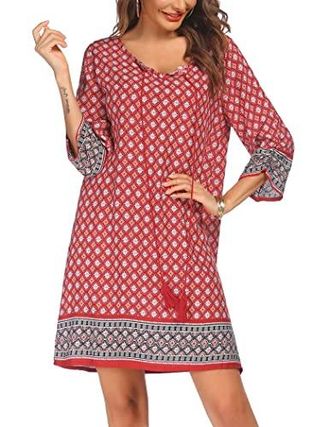 Beyove Robe Tunique Femme Bohème Robe de Plage Tuniques Vintage Plage Tunique Manches 3/4 Col Rond Robe Motif Floral Courte Été Hauts Motif 3 Taille XL