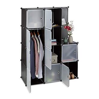 Relaxdays Regalsystem mit 10 Türen, DIY, Cubes, Ablagen, Kleiderstange, Kunststoff, Metall, HBT: 146x110x46 cm, schwarz