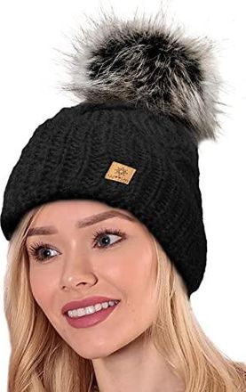 4sold Woolk 4sold Femme Lady Bonnets Mohair dhiver Wool Bonnet Fourr&eacute; Hiver pour Femme Bonnet Tricot&eacute; et Gros Pompon Coloris Taille Unique Gold Circle Doubl