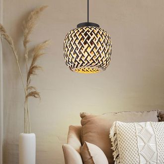 Globo Lighting H&auml;ngelampe H&auml;ngeleuchte Pendelleuchte Esstischlampe, H&ouml;henverstellbar Bambus Natur Metall schwarz Bohostil, 1x E27 Fassung, DxH 20x120cm