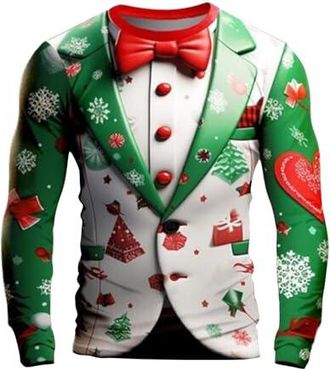Generic Pull de Noël fantaisie pour homme, imprimé en 3D, faux costume avec noeud papillon, pull moche, motif flocon de neige et arbre festif, haut à manches 