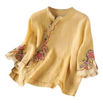 Generic T-shirt pour femme avec manches trois-quarts et boutonni&egrave;re en lin et boucle de disque brod&eacute;e style r&eacute;tro, jaune, 3XL