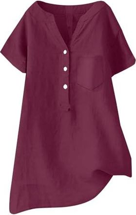 Generic Chemise unie en lin pour femme, coupe droite, chemisier dété à manches courtes et col en V, vêtement ample 2025 pour la vie quotidienne, cadeaux de No