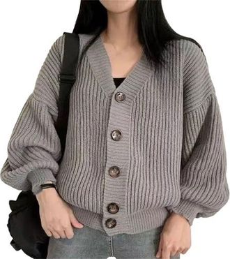 Generic Pull r&eacute;tro polyvalent &agrave; col en V pour femme - Couleur unie - Manches longues - Col en V - Boutonn&eacute;, Gris, XL