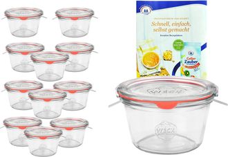 MamboCat 12er Set Weck Gläser 370ml 1/4 Liter Sturzgläser mit 12 Glasdeckeln, 12 Einkochringen und 24 Klammern inkl. Diamant-Zucker Gelierzauber Rezeptheft I O