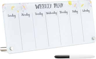 Navaris Wochenplaner aus Glas abwischbar - Whiteboard Kalender für Büro Schreibtisch - trocken abwischbar - Desktop Notizboard Organizer Terminplaner - Blumen