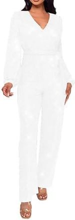 Generic Combinaison &agrave; paillettes &agrave; manches longues et col en V - Combinaisons pour femmes - Combinaison &eacute;l&eacute;gante pour femme - Pantalon long droit large avec p