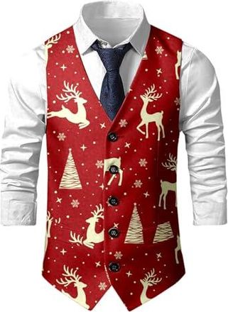 Generico Gilet de Noël avec col en V Veste sans manches amusante pour Noël festif et mariage Coupe slim Blazer à chevrons Élégant Gilet de Noël pour homme, E R