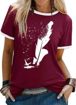 Dresswel Damen Friedenstaube Feder Druck T-Shirt Kurzarm Rundhals Oberteile Sommer Tops Tee Shirts Bluse