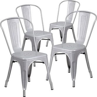 Flash Furniture Set mit 4 Stapelstühlen aus Metall, für Innen- und Außenbereich, aus Gummi, Kunststoff, Farbe Silber, 4 Stück