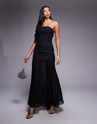 Jarlo Cora - Tr&auml;gerloses Maxikleid in Schwarz mit transparentem Rock