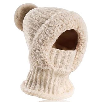 Generic Bonnet dhiver chaud tricot&eacute; avec cache-cou pour femme, chapeau dhiver en laine avec doublure en polaire chaude, cagoule coupe-vent pour femme, beige, 