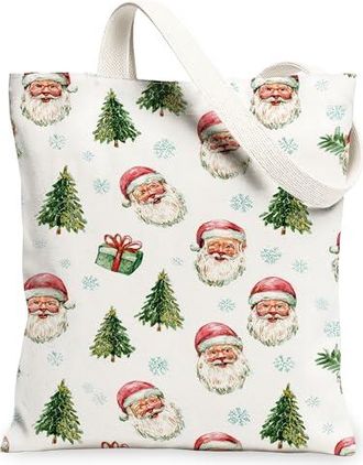 Generic Sacs fourre-tout en toile de vacances, motif P&egrave;re No&euml;l festif et arbre, sacs &agrave; provisions r&eacute;utilisables, charmants pour lhiver, l&eacute;gers et lavables, Bl