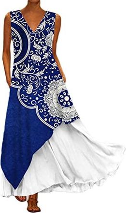 Onsoyours Robe Longue Femme Été Élégant Vintage - Maxi Imprimé Floral Boho De Plage Cocktail Décontractée avec Poches Swing Dress Pour Vacances Party Soirée Cér