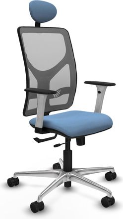 Piqueras y Crespo B&uuml;rostuhl mit wei&szlig;en und schwarzen Armlehnen, h&ouml;henverstellbare Lendenwirbelst&uuml;tze und festes Kopfteil, ausgestattet mit Syncro/Traslack. Grau/Himmelb