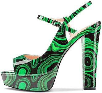 Castamere Femmes Bloc Chunky Haut High Talon Heel Plate-forme Ouvert Bout Sandales Lani&egrave;res Cheville Slingback Slip-on Party Chaussures 13 CM Heels Vert Multico