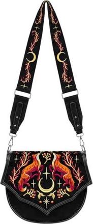 Restyle Sac bandouli&egrave;re Foxfire Nights - Motif brod&eacute; de renards et de lune croissante - Sac &agrave; bandouli&egrave;re gothique en su&eacute;dine noire avec large sangle r&eacute;glable