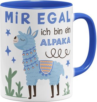 OM3 Mir egal ich bin ein Alpaka Kaffee-Tasse mit Spruch - Spruchtasse Lama-Motiv - Statement - Keramik Becher - 325ml - Beidseitig Bedruckt - Blau