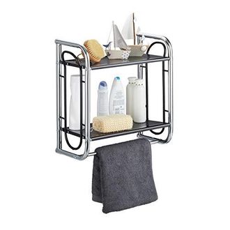 Relaxdays Wandregal Badezimmer, Badregal mit Handtuchstange, Hängeregal mit 2 Ablagen, HBT 45,5x46x22 cm, Chrom/schwarz
