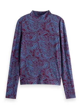 Scotch & Soda Damen T-Shirt All Over Printed Mock Neck Ls T-Shirt, Blue Mountain Paisley Lake Blue,XL
