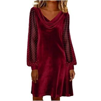 Generic Mini robe en velours &agrave; col b&eacute;nitier pour femme - Col roul&eacute; - Dentelle - Maille transparente &agrave; pois - Manches longues - &Eacute;l&eacute;gante robe en velours, borde