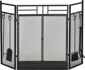 HOMCOM Firewall Large für Kamin oder Ofen - Funkenschutz Diener Kamin 2 in 1 mit Zubehör - 3 Faltklappen und Tür - Stahl Metall Schwarz