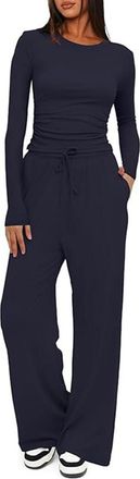 OLIPHEE 2 Teiler Set Damen Sommer Outfit Elegant Lounge Set Damen Langarm Oberteil Slim Fit und Hose Yoga Trainingsanzug Gym Hosenanzug Herbst Tracksuit Fraue