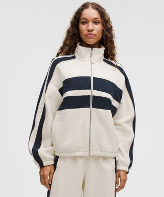 lululemon Sweat Steady State oversize zipp&eacute; &agrave; col montant Rayures pour Femmes - Kaki/Bleu - Taille XL