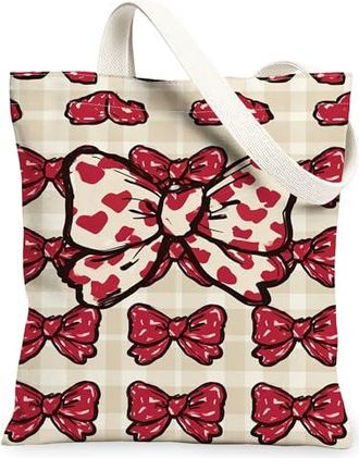 Generic Sacs fourre-tout en toile avec noeud pour la Saint-Valentin, motif coeur, sacs &agrave; provisions r&eacute;utilisables, l&eacute;gers et lavables en toile pour, beige, 13
