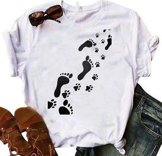 Keephen Maman Chat Maman Chien T-Shirts pour Femmes Patte de Chat Patte de Chien Impression 3D T-Shirt Manches Courtes Col Rond Animal de Compagnie Amoureux G