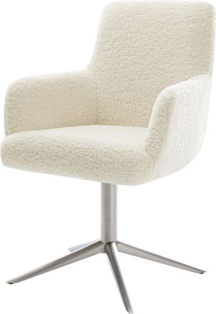 DELIFE Esszimmerstuhl Heira-Flex mit Armlehnen Fußkreuz Edelstahl Teddystoff Beige 360° drehbar Wippfunktion Taschenfederkern