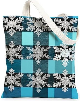 Generic Sacs fourre-tout en toile de flocon de neige, motif givr&eacute; &eacute;l&eacute;gant, sacs d&eacute;picerie r&eacute;utilisables, vintage chic, l&eacute;gers et lavables, bleu, 13x15 Inch