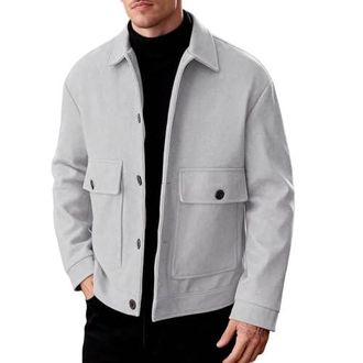 Generic Veste en laine pour homme, veste de travail unie, manteau court &agrave; manches longues avec boutonni&egrave;re, veste bomber d&eacute;contract&eacute;e, coupe ajust&eacute;e, veste en