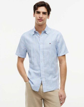 Tommy Hilfiger Kurz&auml;rmliges Leinenmix-Hemd in Hellblau mit regul&auml;rer Passform und Bengal-Streifen