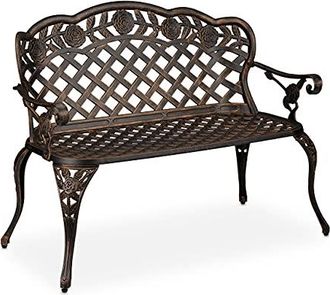 Relaxdays Gartenbank, 2 Sitzer, Rosen, Terrasse, Balkon, Aluminium Guss, antike Sitzbank, 84x111,5x56 cm, schwarz/bronze