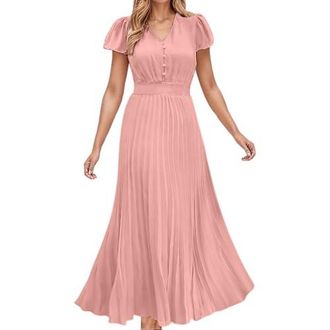 Generic Robe d&eacute;t&eacute; d&eacute;contract&eacute;e pour femme avec col en V et manches courtes, simple &agrave; volants, couleur unie, tenue quotidienne pour l&eacute;t&eacute; et le printemps avec c