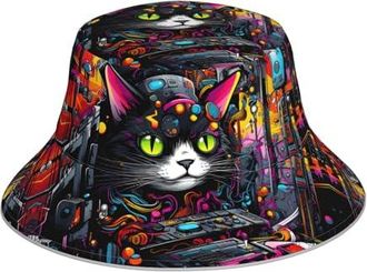 Generic Chapeau De Seau Unisexe Image Chat Punk Chapeaux De Visi&egrave;re Pliable &Eacute;t&eacute; Bonnet De Soleil, pour Plage, Le Camping, La Randonn&eacute;e, 56-58cm