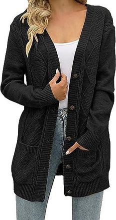 Generic Cardigan Femmes Pull tricoté Couture Manches Longues Chandail Casual Chaud en Hiver Outwear Décontracté Tricoté Sweaters de Poche Pull Casual Gilet Bo