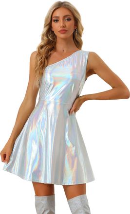 Allegra K Damen &Auml;rmellos One Shoulder Metallic Partykleid Disco Holografisches Glitzer Kleid Silber M