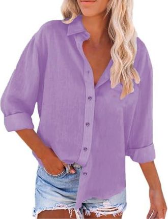 Generic Chemise &agrave; manches longues en lin pour femme - Printemps et &eacute;t&eacute; - Couleur unie - Coupe ample - Vacances - Plage - V&ecirc;tements sur l&eacute;paule, violet, 4XL