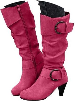 Generic Bottes montantes pour femme, bottes à talon chaton, bottes rétro en faux daim, talon aiguille, fermeture éclair latérale, longueur mollet, bottes déco