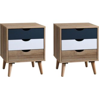 Vente-Unique Vente-unique - Lot de 2 tables de chevet avec 3 tiroirs - Coloris : Naturel, blanc et bleu marine - lurvia