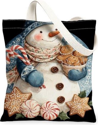 Generic Sacs fourre-tout en toile motif bonhomme de neige, motif vacances dhiver, sacs d&eacute;picerie r&eacute;utilisables, l&eacute;gers et lavables avec bandouli&egrave;re pour le sh