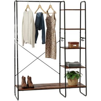 Relaxdays Relaxdays Kleiderst&auml;nder, 6 Ablagen, Kleiderstange, 6 Haken, Industrial, 160x120x45 cm, Garderobenst&auml;nder, schwarz/braun