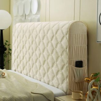 Generic Gesteppter dick gepolsterter Bettkopfteil Bezug Staubschutz aus Samt f&uuml;r Queen King Full Size Betten mit seitlicher Aufbewahrungstasche Beige 180cm/70