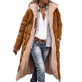 Generic Manteau long matelassé pour femme, chaud et réversible avec doublure Sherpa et capuche surdimensionnée en peau de mouton doublée en polaire, jaune, XX