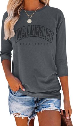 TOMWELL T-Shirt Damen 3/4 Arm Shirt Rundhals Grafik Druck Tshirt Sommer Leichte Pullover Oberteile B Dunkelgrau XL