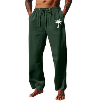 Generic Pantalon de plage en lin pour homme - Imprim&eacute; cocotier - Coupe ample - Pantalon hawa&iuml;en - Jambe droite - Pantalon de vacances - Taille &eacute;lastique - Pan